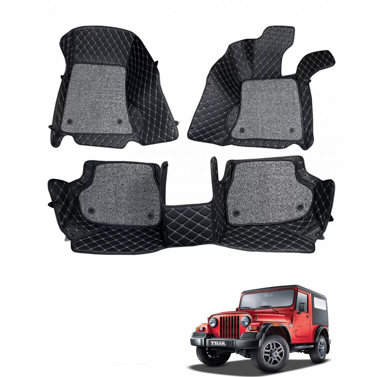 Mahindra Thar 2010-2020 Premium Diamond Pattern 7D Car Floor Mats (Set ...